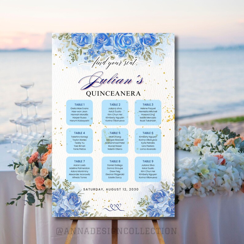 Quinceañera Light Blue Setting Chart Sweet Sixteen Editable Template ...