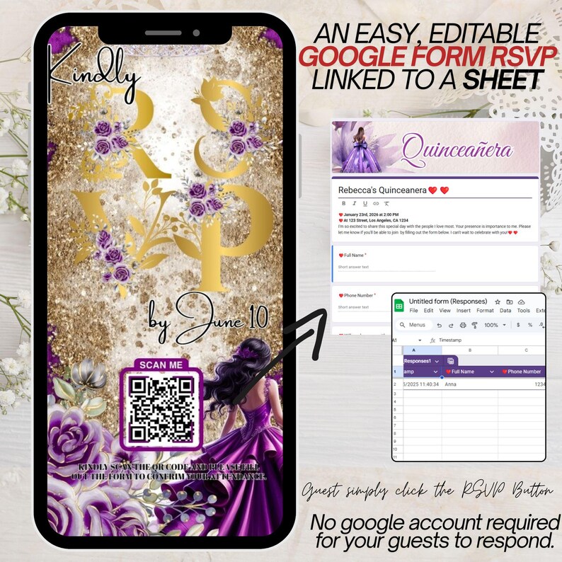 Dark Purple Digital Quinceanera Invitation, Video Invite, QR Code RSVP ...