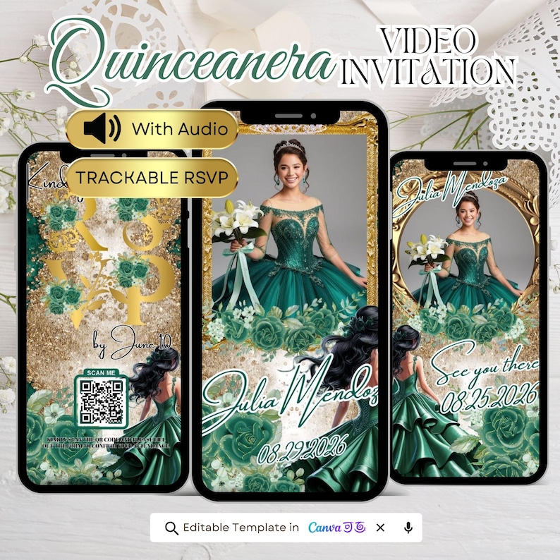 Emerald Green Digital Quinceanera Invitation, Video Invite, QR Code ...