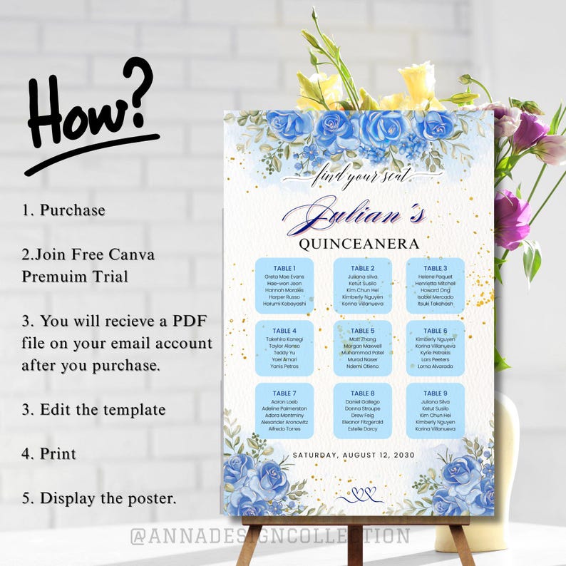 Quinceañera Light Blue Setting Chart Sweet Sixteen Editable Template ...