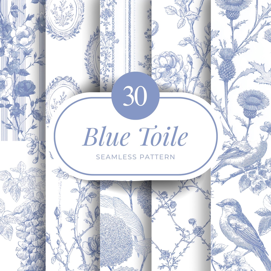 30 Blue Toile Seamless Patterns, French Toile De Jouy Digital Paper ...