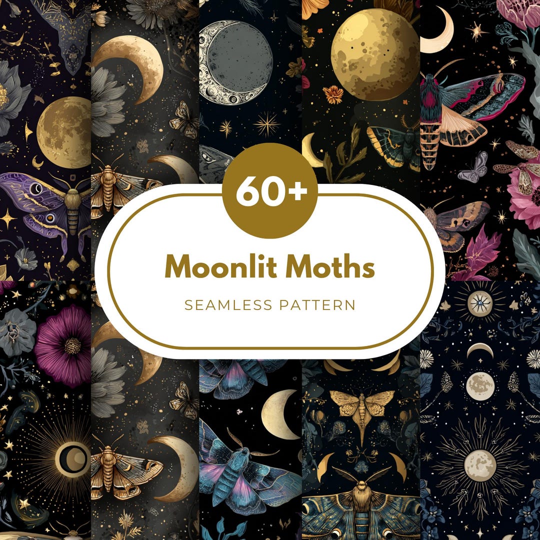 60 Moonlit Moths Seamless Patterns, Dark Floral Lunar Moth Digital ...