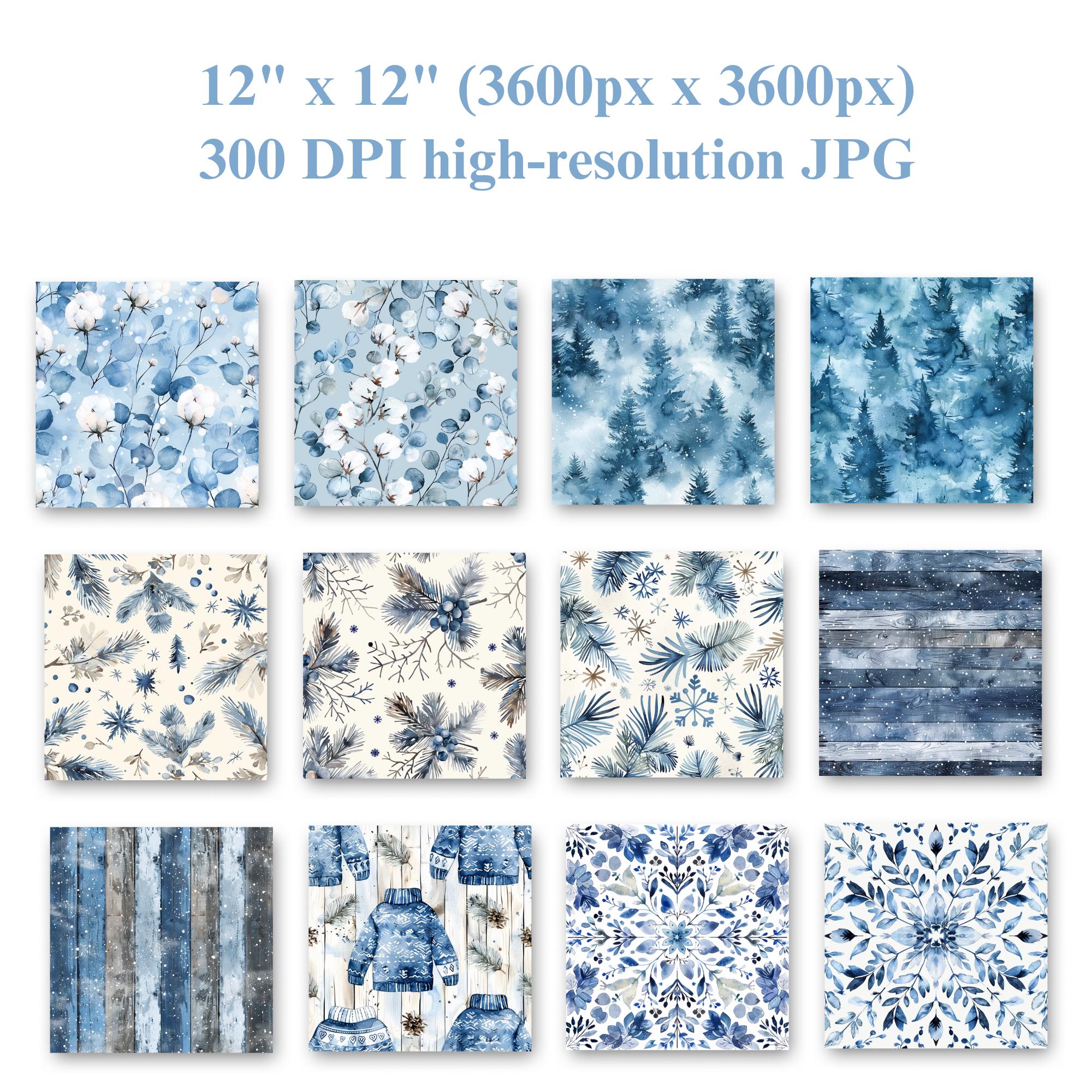 40 Blue Winter Seamless Patterns, Watercolor Snow, Fox, Owl, Cabin ...
