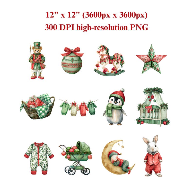 35 Christmas Nursery Clipart, Watercolor Baby Holiday Pngs, Crib ...