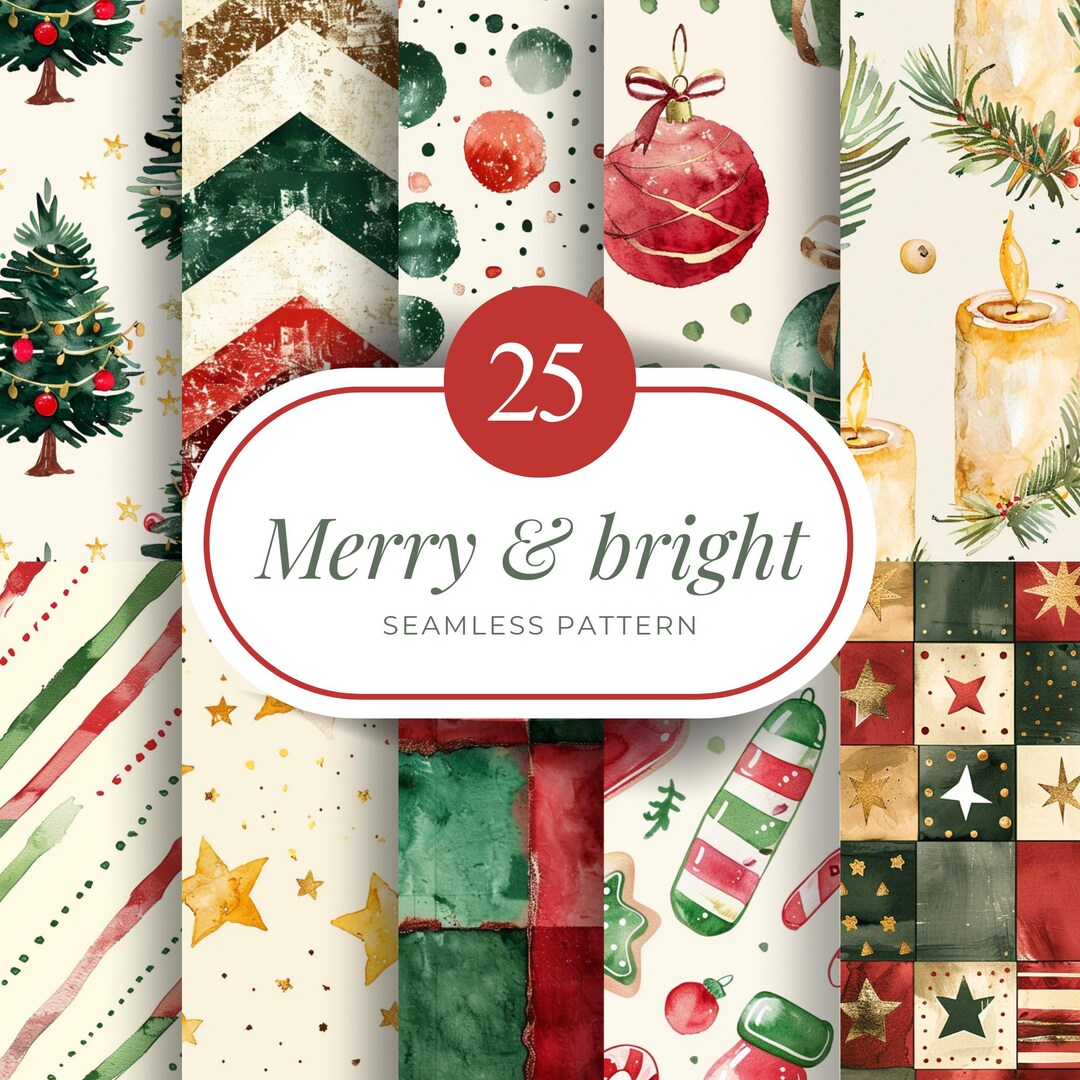 25 Christmas Seamless Patterns: Watercolor Holiday Digital Paper Bundle ...