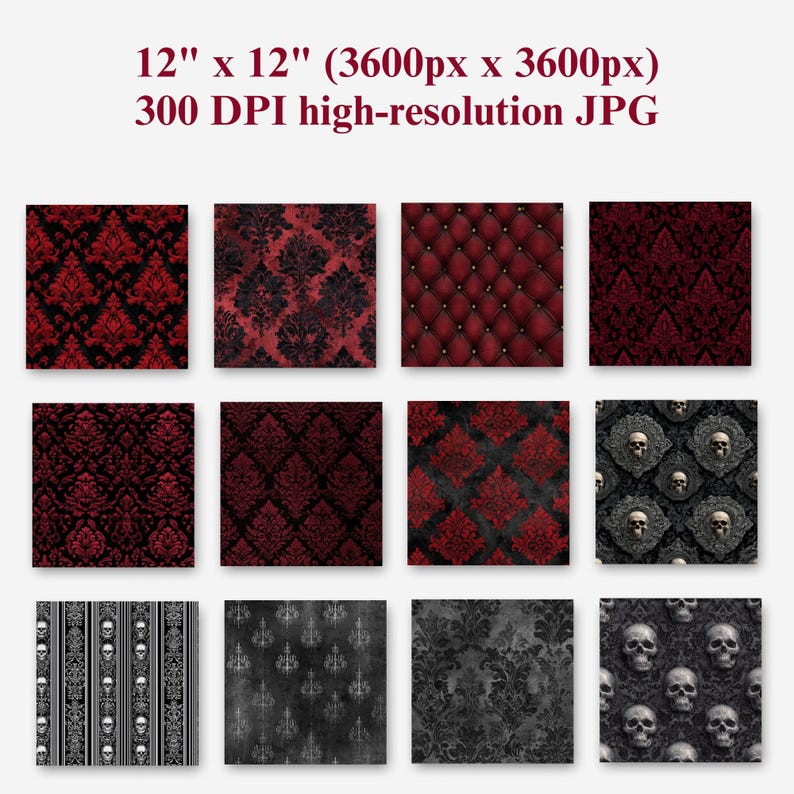 50 Gothic Halloween Seamless Patterns, Dark Vintage Skull, Raven ...