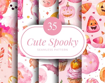 35 Cute Spooky Patterns, Pastel Pink Halloween Digital Paper (12x12 JPG ...