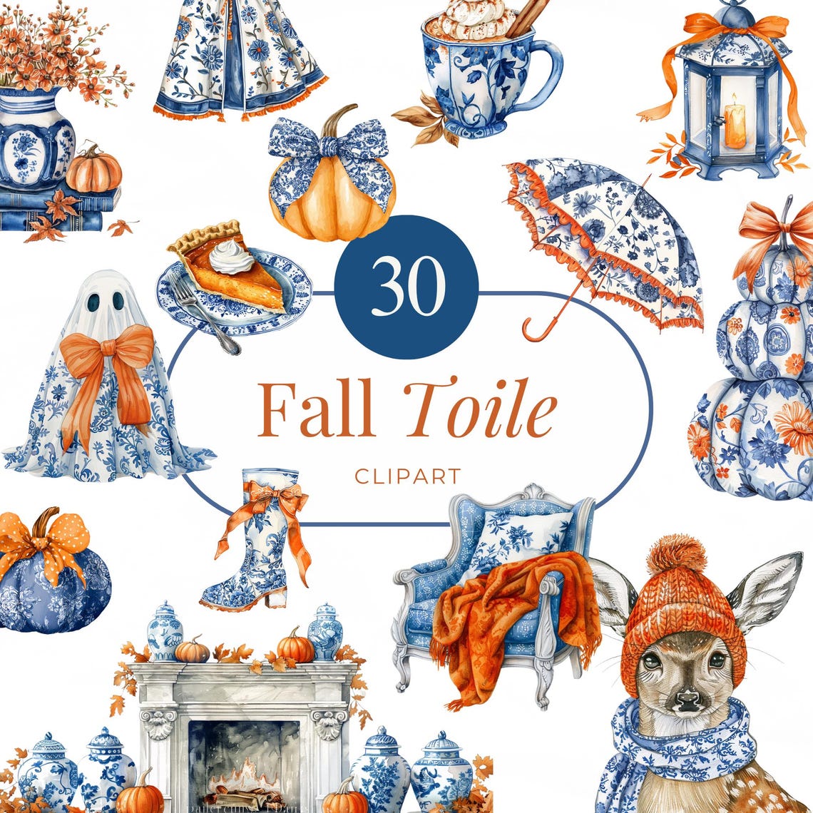 30 Fall Toile Clipart, Blue Chinoiserie Pumpkin, Lantern, Fireplace ...