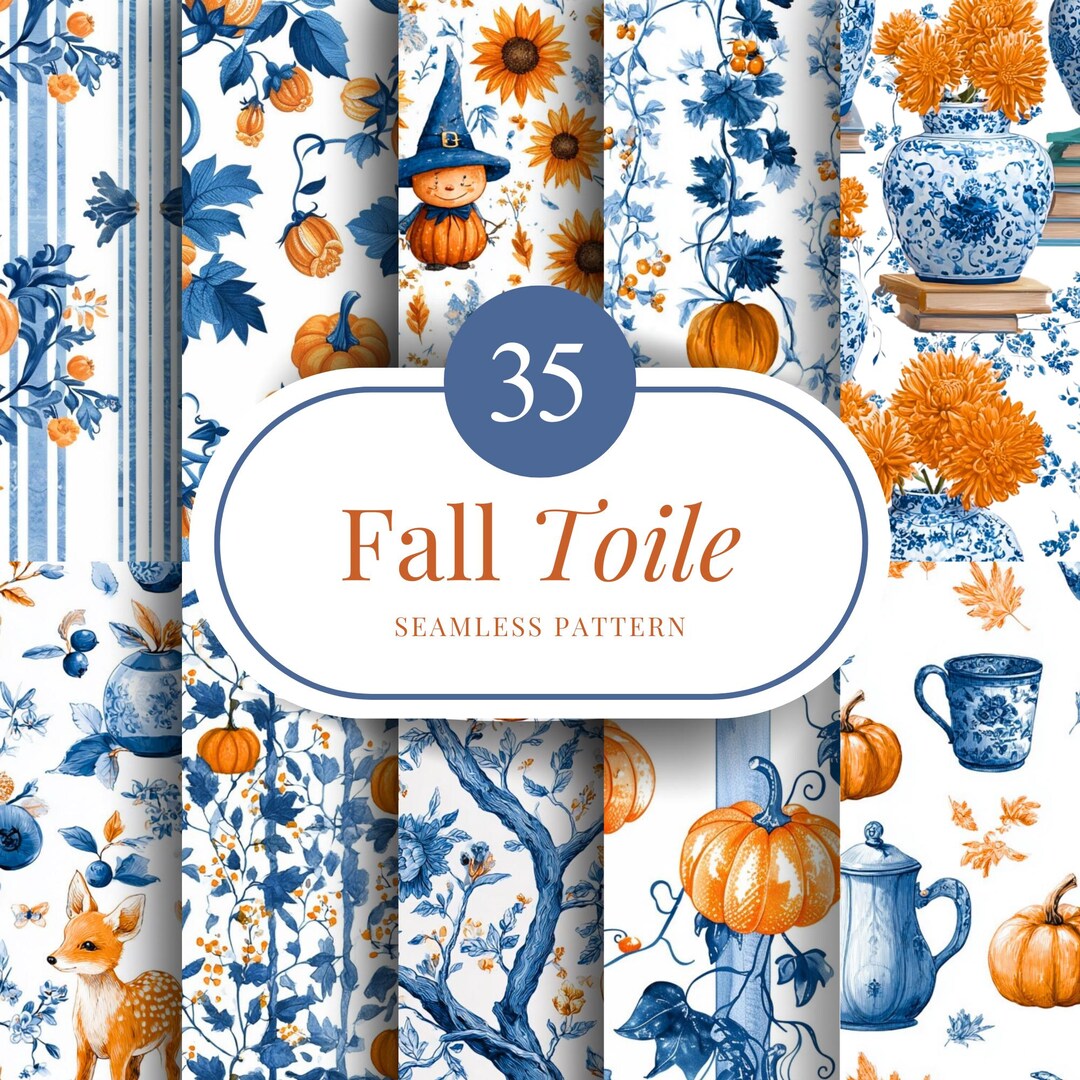 35 Fall Toile Seamless Patterns, Blue Orange Pumpkin Floral, Fox ...