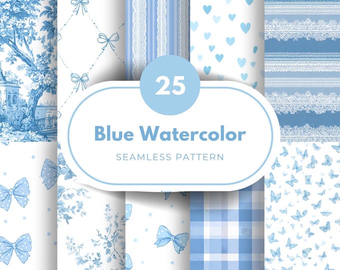 25 Blue Watercolor Seamless Patterns, Toile, Bow, Heart, Butterfly ...