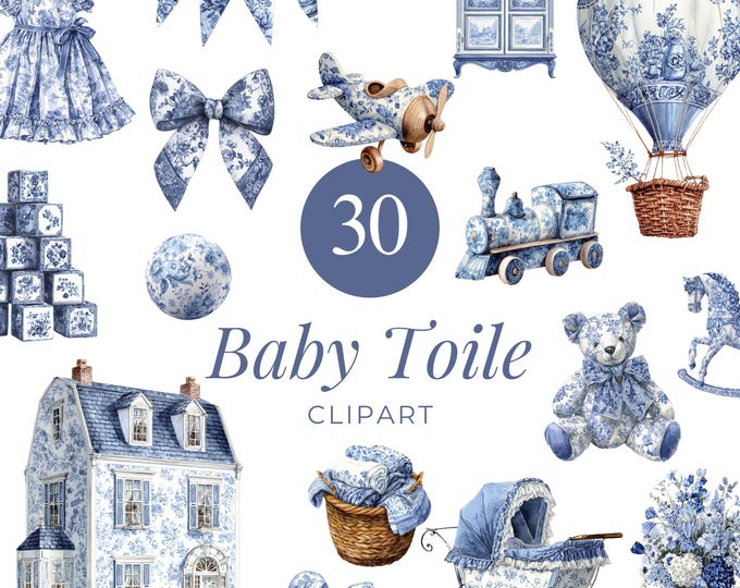 30 Blue Baby French Toile Clipart, French Toile Nursery Pngs, Vintage ...