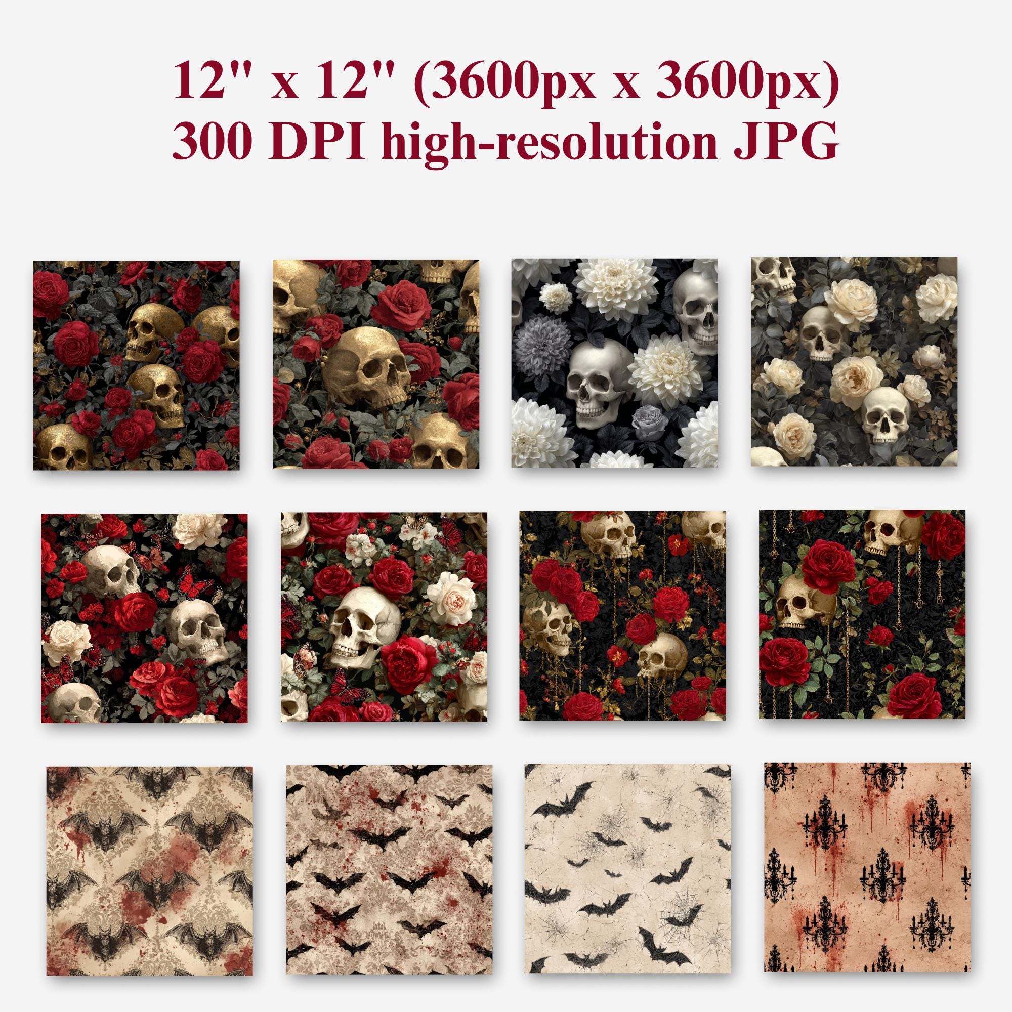 50 Gothic Halloween Seamless Patterns, Dark Vintage Skull, Raven ...