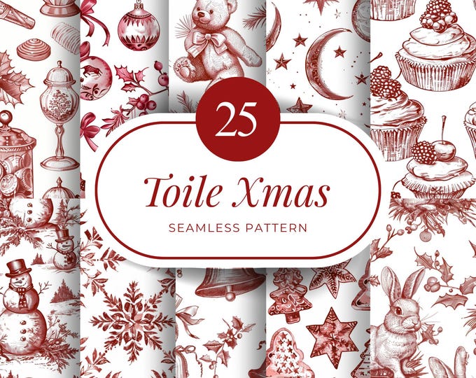 25 Toile Christmas Seamless Patterns, Vintage Red Holiday Digital Paper ...