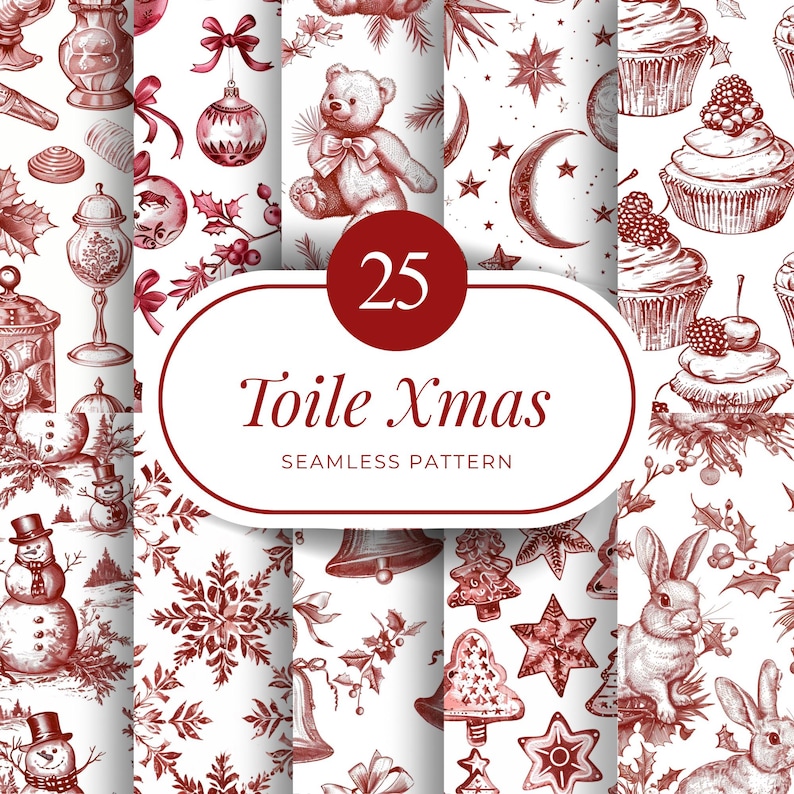 25 Toile Christmas Seamless Patterns, Vintage Red Holiday Digital Paper ...