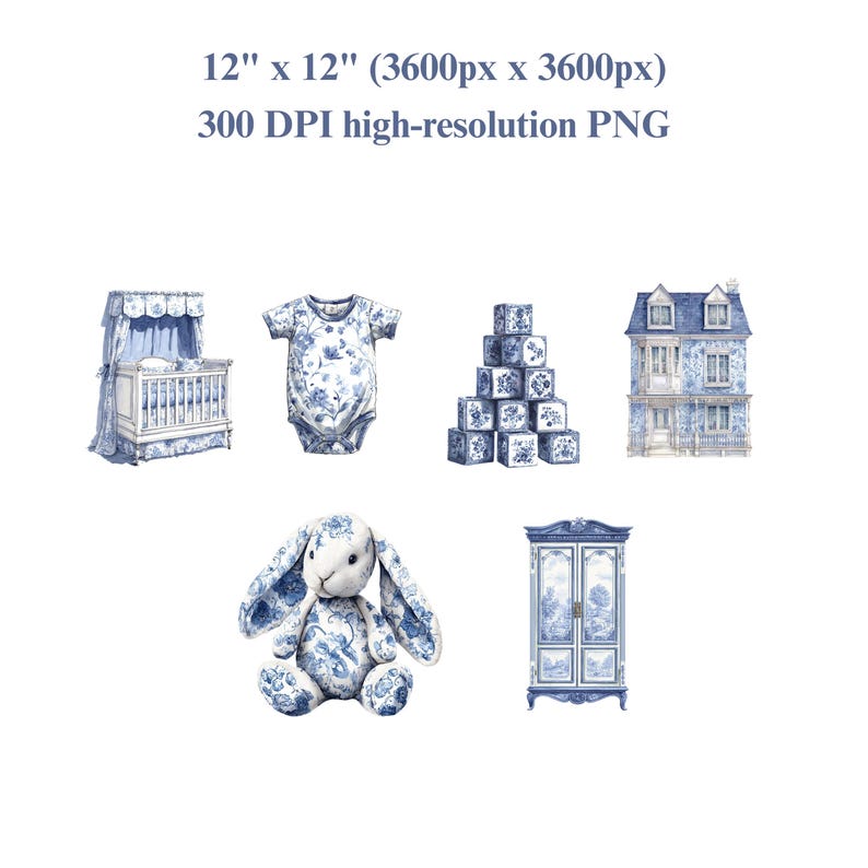 30 Blue Baby French Toile Clipart, French Toile Nursery Pngs, Vintage ...