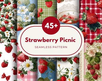 45 Strawberry Picnic Seamless Patterns, Kawaii Fruit Digital Paper ...