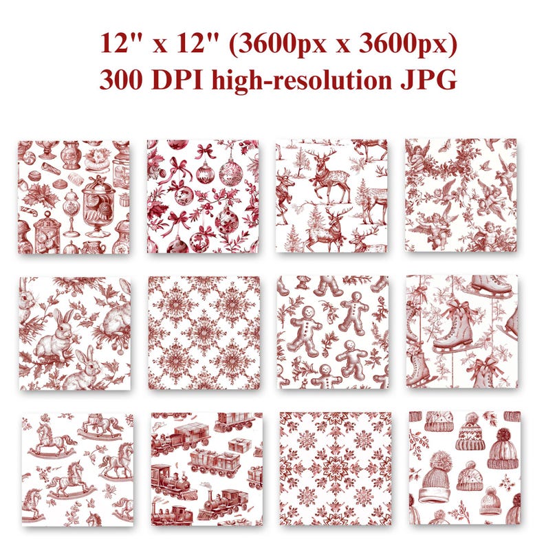 25 Toile Christmas Seamless Patterns, Vintage Red Holiday Digital Paper ...