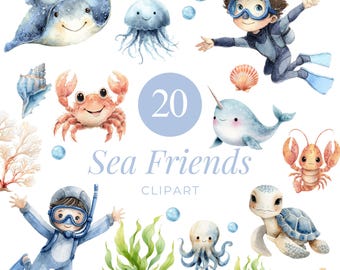 20 Sea Friends Clipart Set, Under the Sea Watercolor Animals, Ocean ...