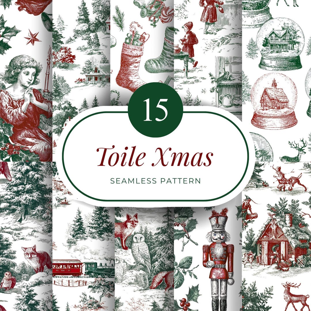 15 Vintage Toile Christmas Seamless Patterns, Red & Green Xmas Digital ...