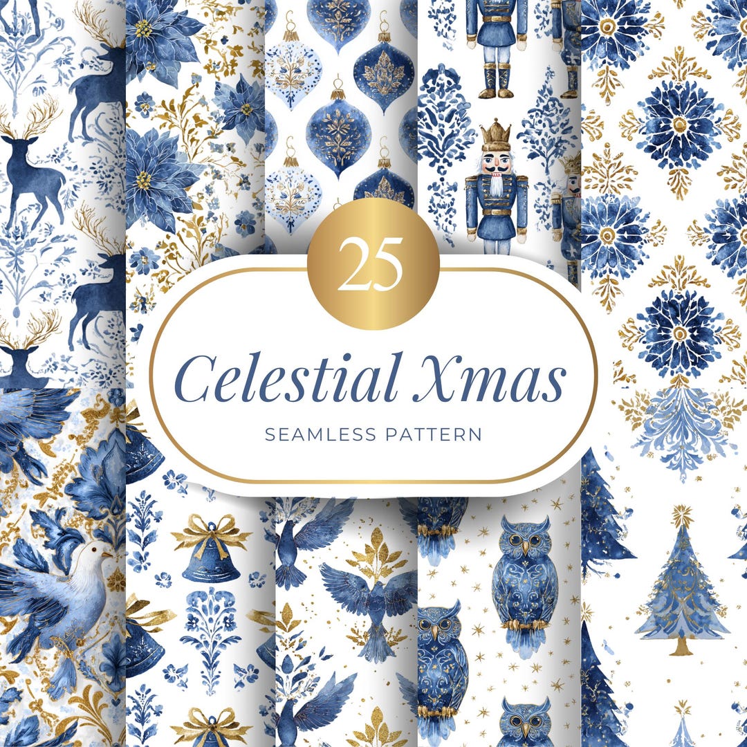 25 Celestial Christmas Seamless Patterns, Blue Gold Xmas Digital Papers ...