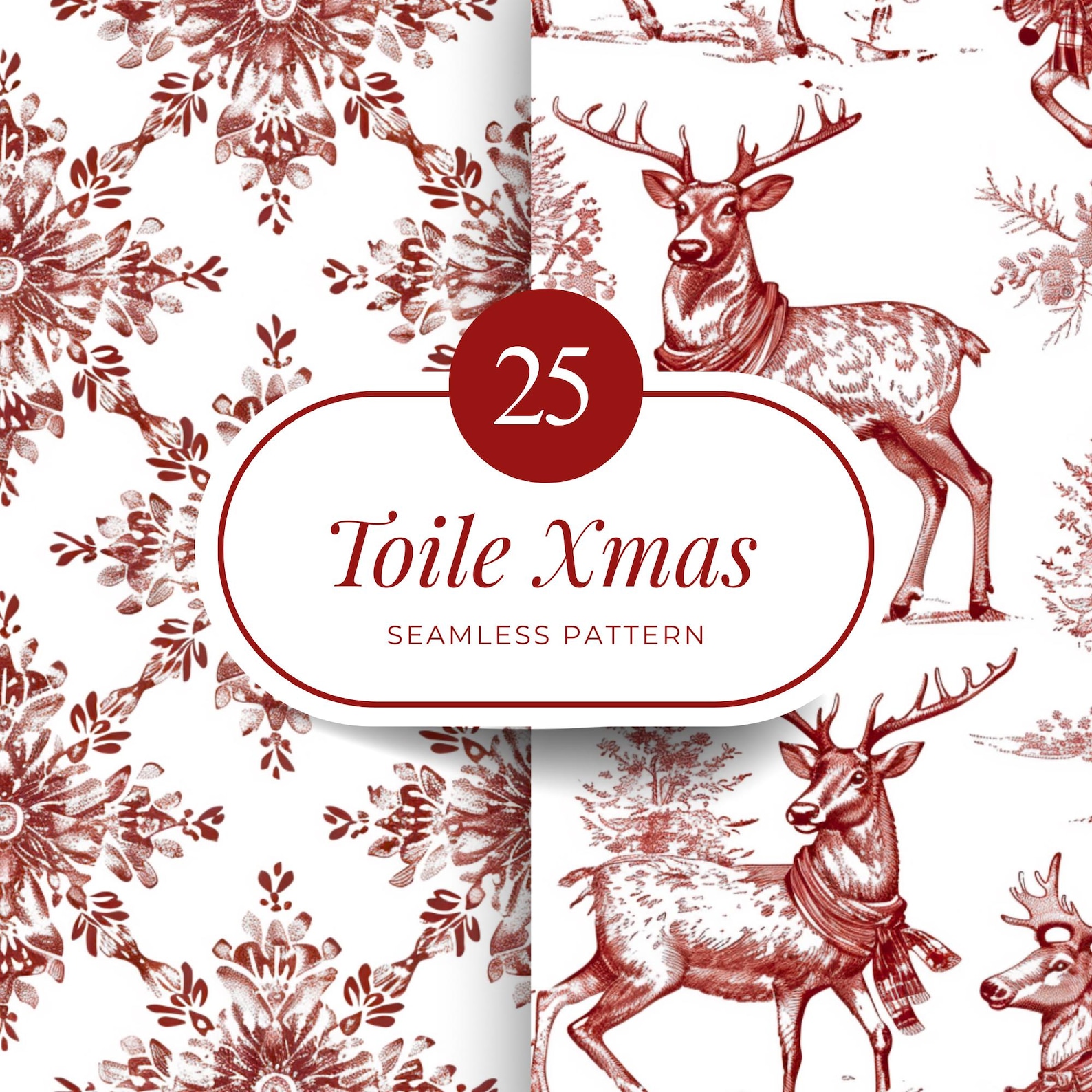 25 Toile Christmas Seamless Patterns, Vintage Red Holiday Digital Paper ...