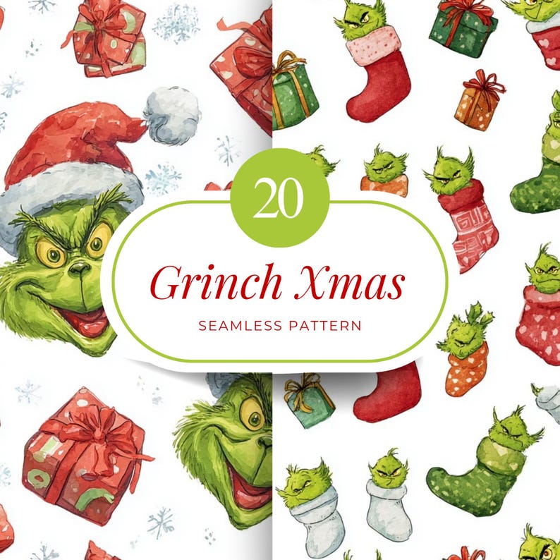 20 Grinch Christmas Seamless Patterns, Festive Red & Green Digital ...