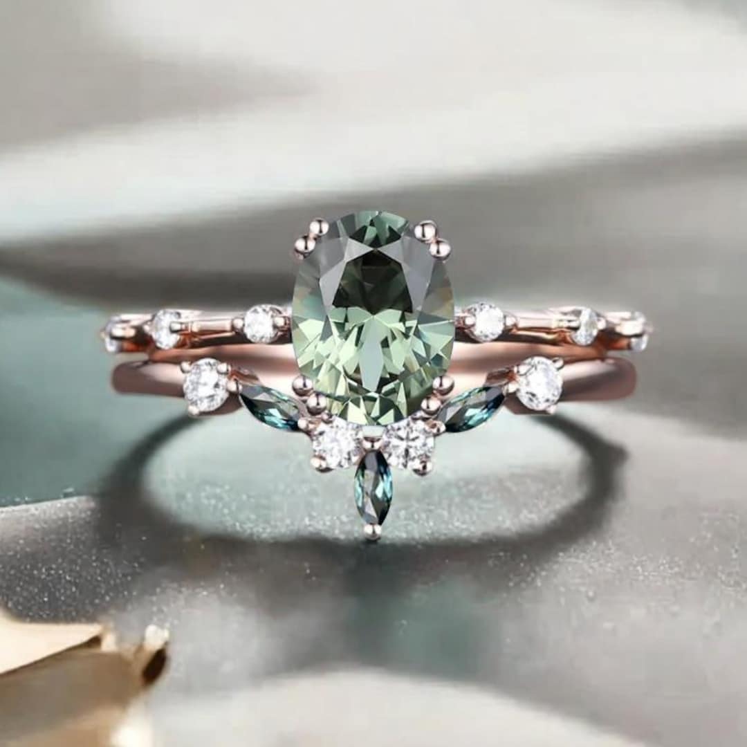 Vintage Blue Green Sapphire Wedding Ring Set Oval Blue Green Sapphire ...