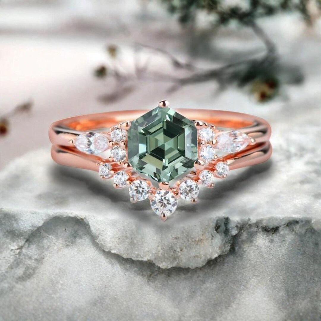 Vintage Hexagon Cut Blue Green Sapphire Ring Set Blue Green Sapphire ...