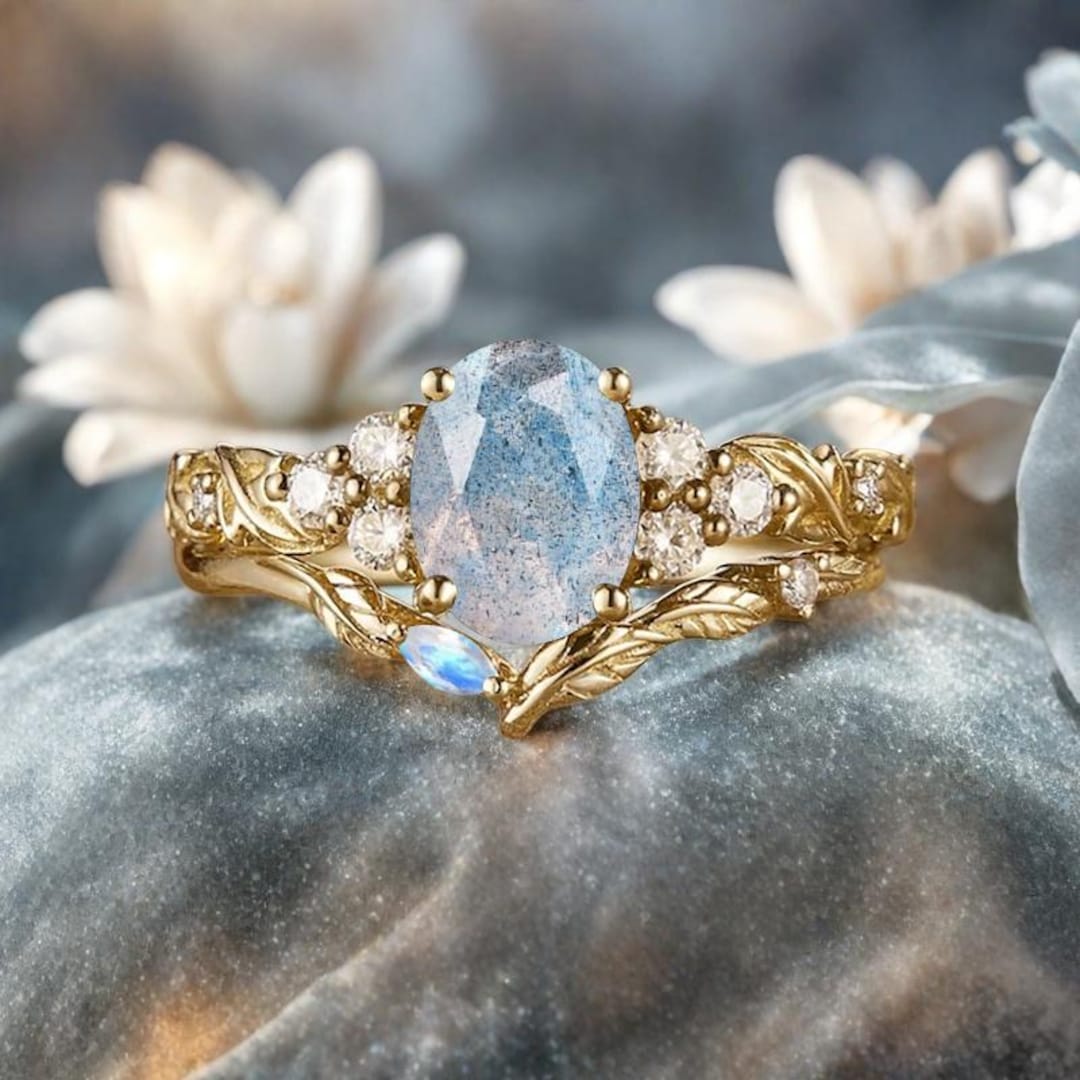 Vintage Labradorite Wedding Ring Set Oval Labradorite Engagement Leaf ...