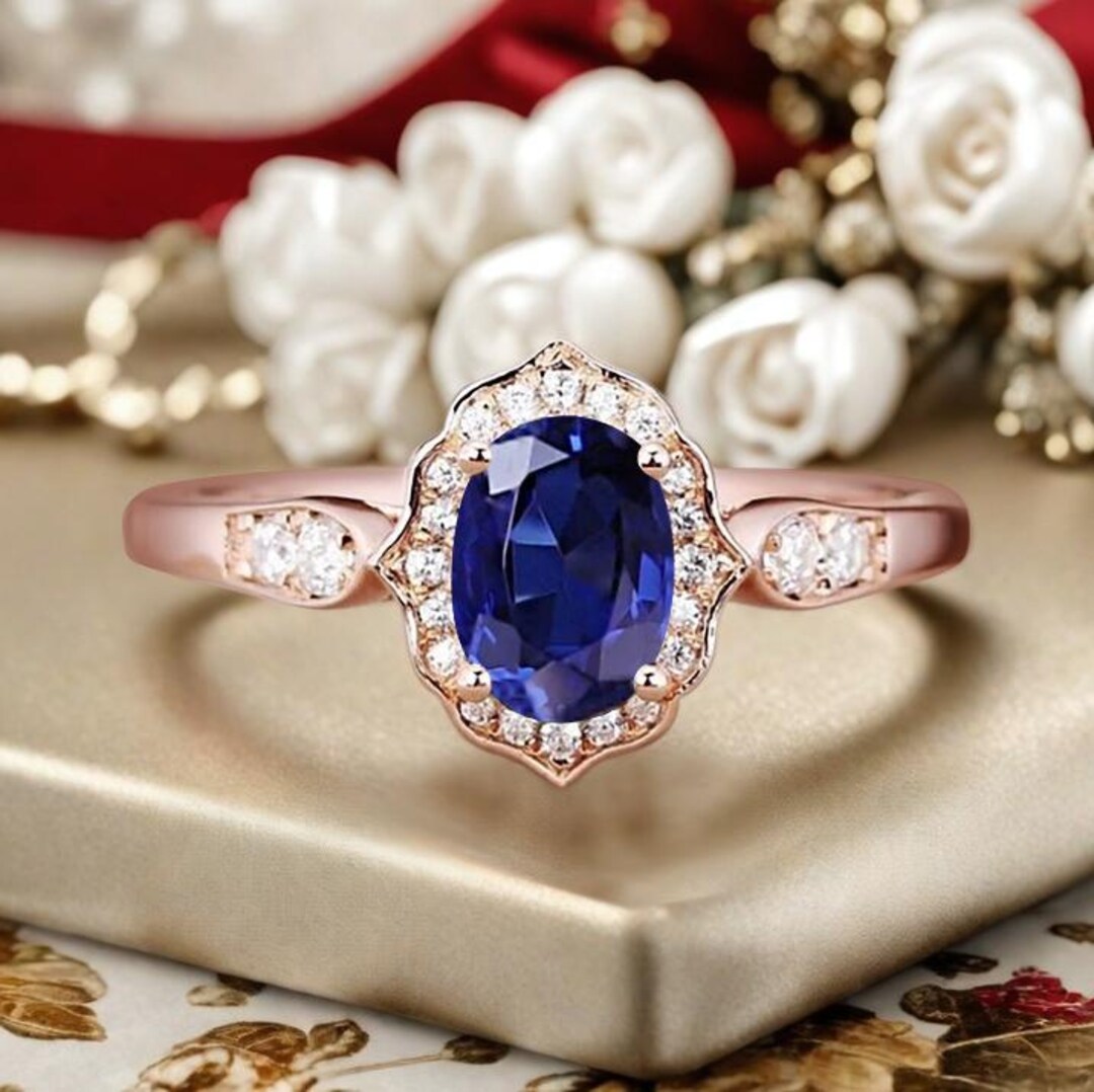 Art Deco Oval Cut Sapphire Engagement Ring Unique Rose Gold Blue ...