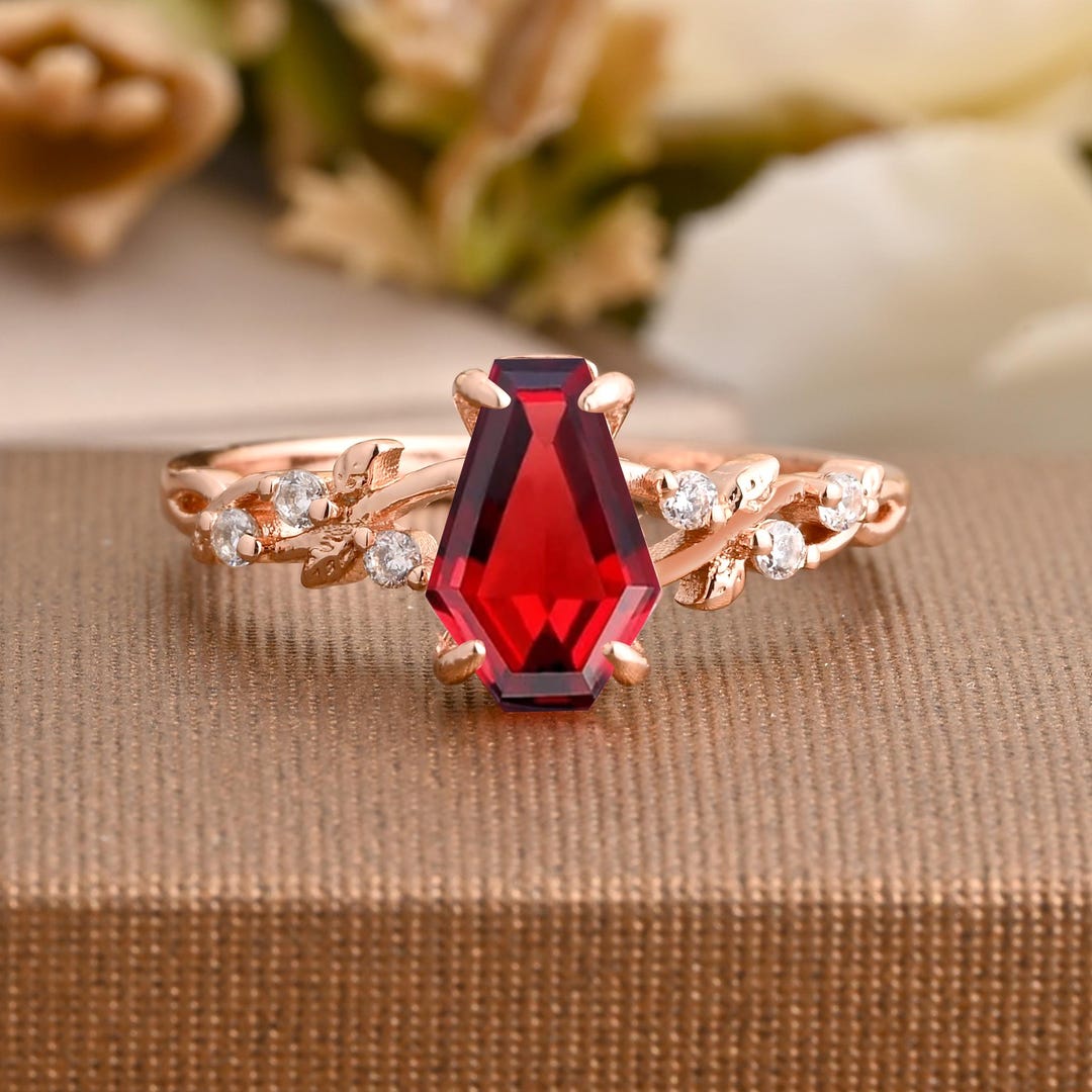 Coffin Cut Ruby Engagement Ring Vintage Unique Rose Gold Moissanite ...