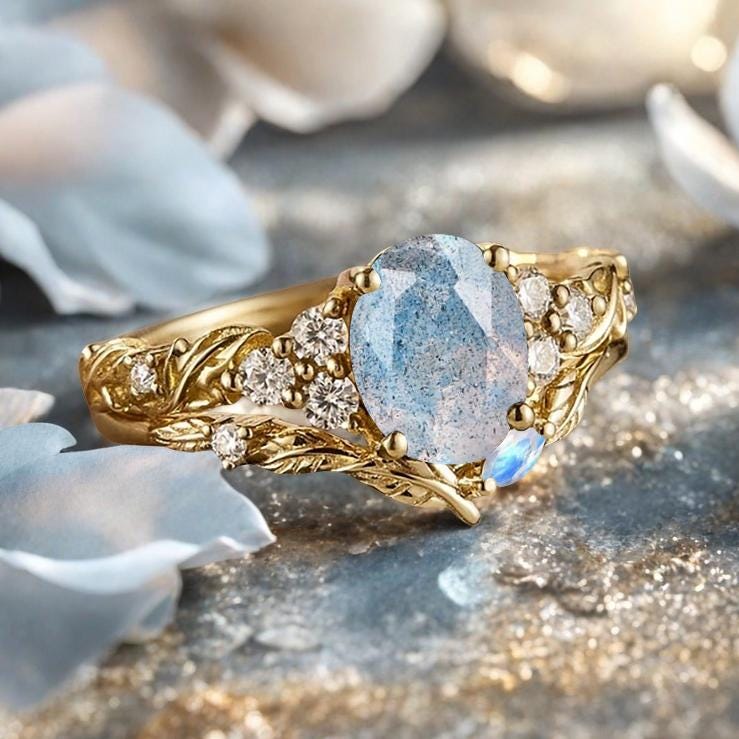 Vintage Labradorite Wedding Ring Set Oval Labradorite Engagement Leaf ...