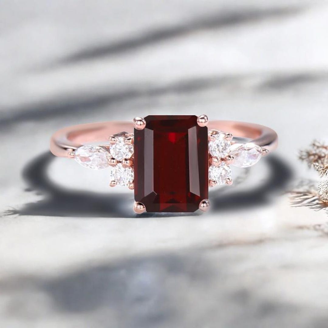 Emerald Cut Ruby Engagement Ring Vintage Unique Rose Gold Moissanite ...