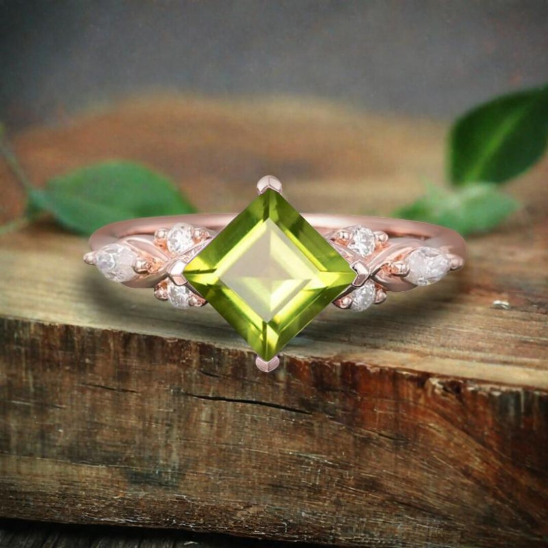 Princess Cut Peridot Engagement Ring Vintage Unique Rose Gold Green ...