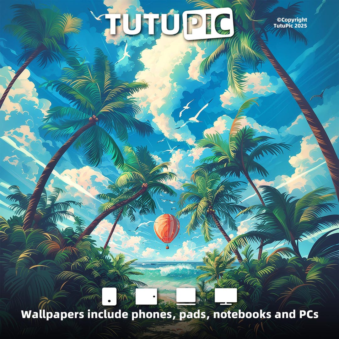 Tropical Coconut Wallpaper / Hot Air Balloon Beach Art / Multi-device ...