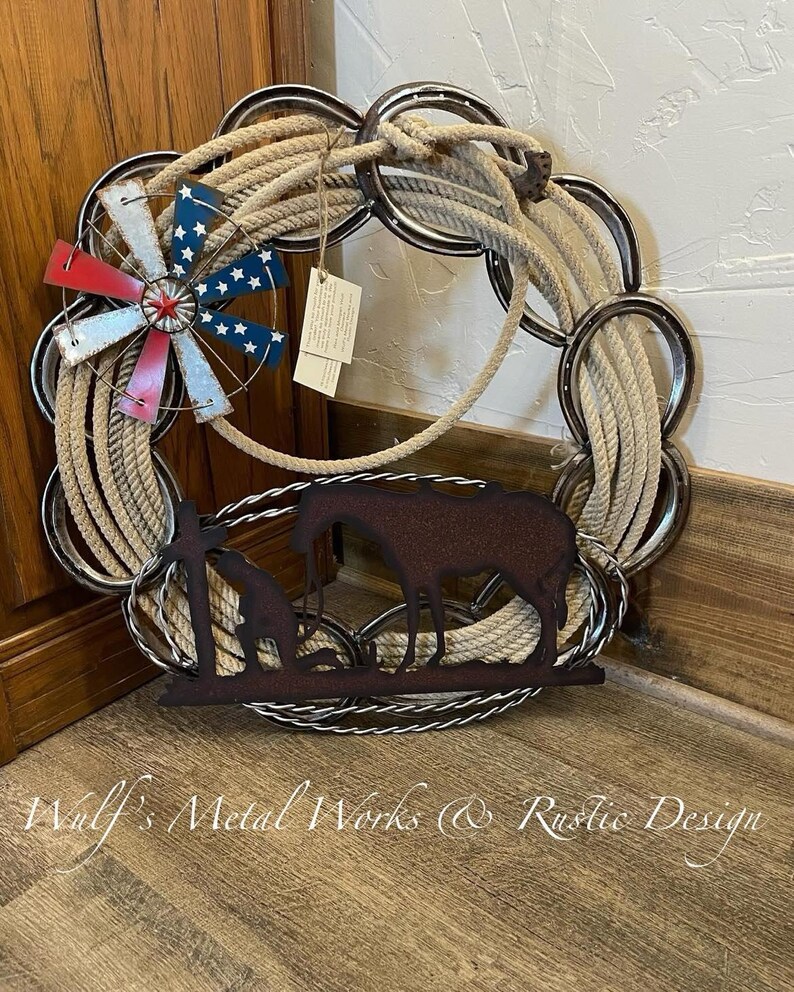 Horseshoe Rope Wreath With Praying Cowboy and American Flag Windmill - Etsy