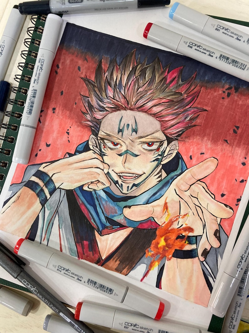 Jujutsu Kaisen Sukuna Drawing Painting Marker Copic Anime Handmade Rare ...
