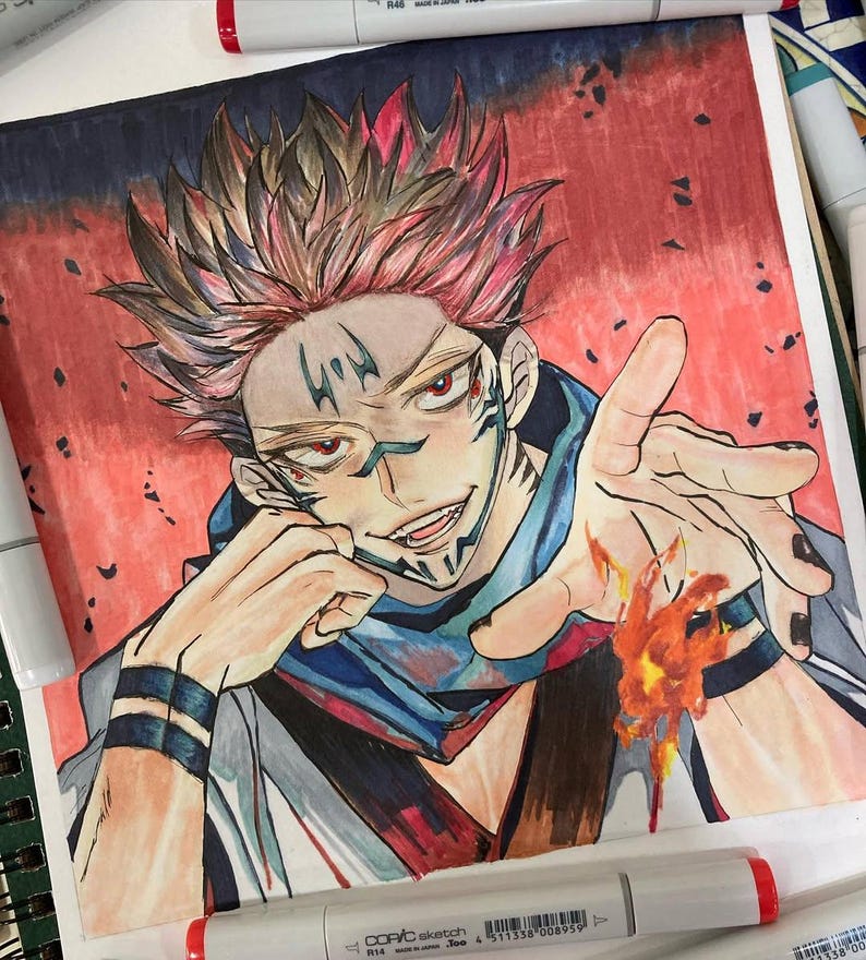 Jujutsu Kaisen Sukuna Drawing Painting Marker Copic Anime Handmade Rare ...