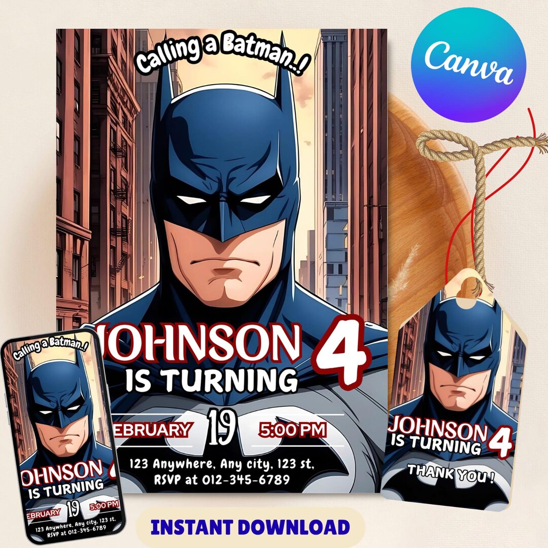 Editable Bat Superhero Invitation Template, Editable Bat Birthday ...