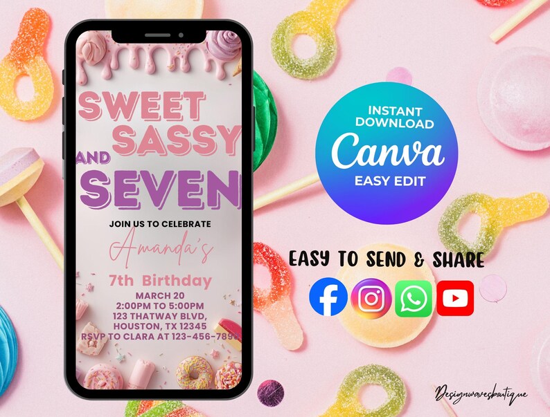 Sweet Sassy and Seven Birthday Invitation, 7th Birthday Girl Invite ...
