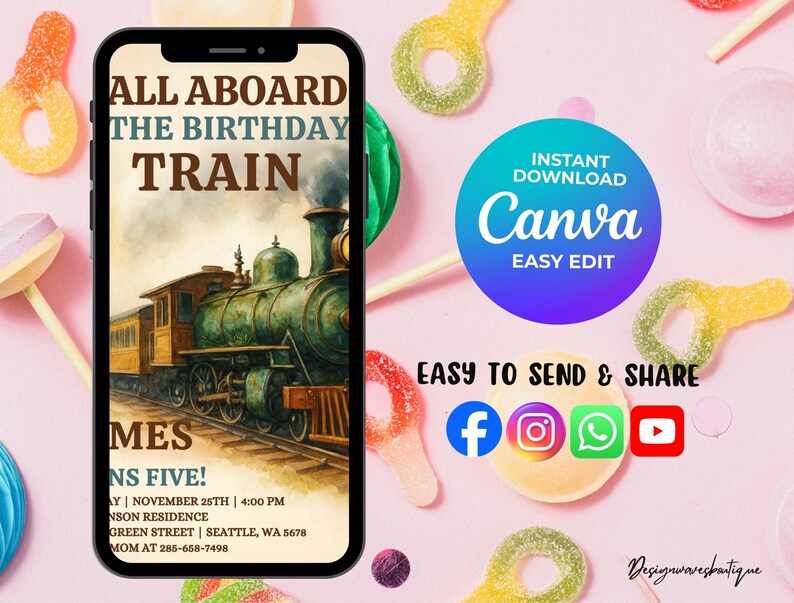 Vintage Train Birthday Invitation, Editable Canva Template (digital ...