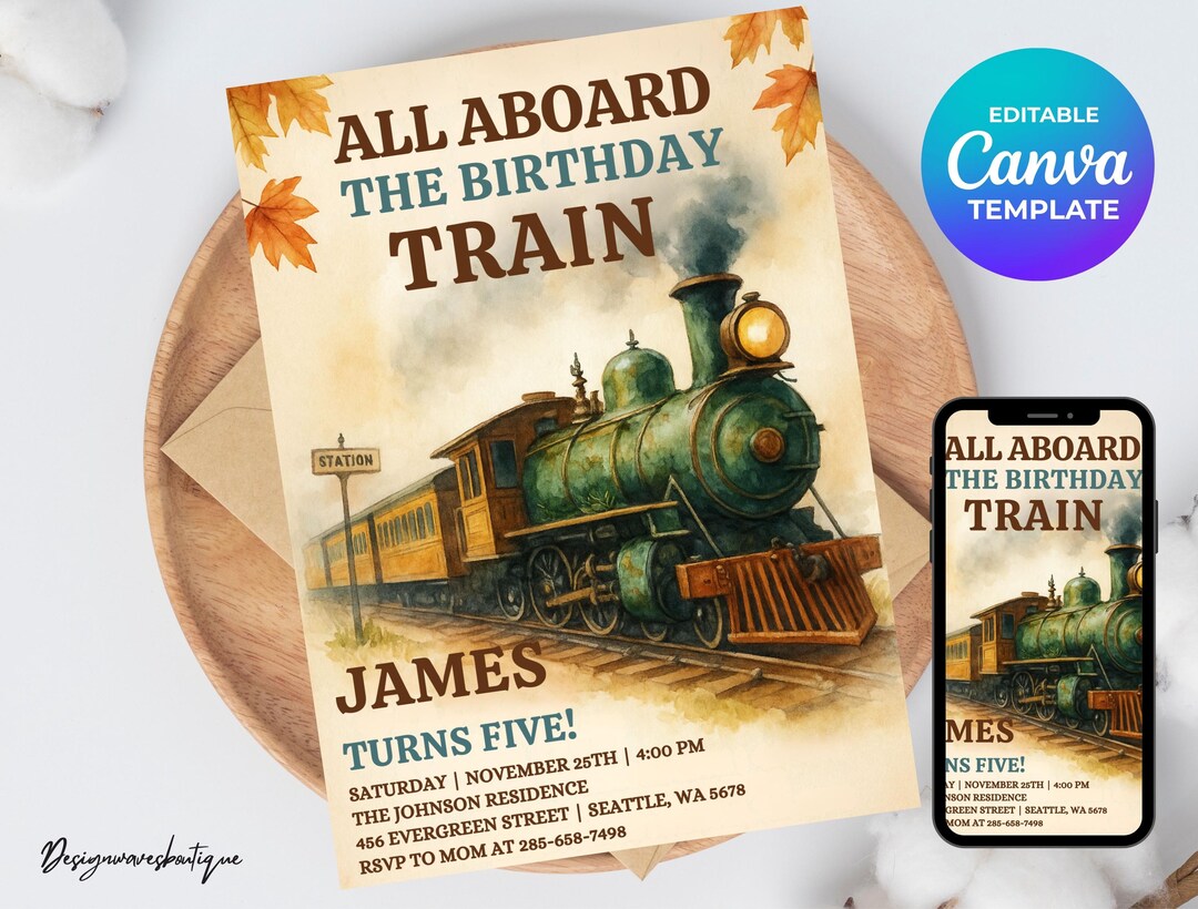 Vintage Train Birthday Invitation, Editable Canva Template (digital ...