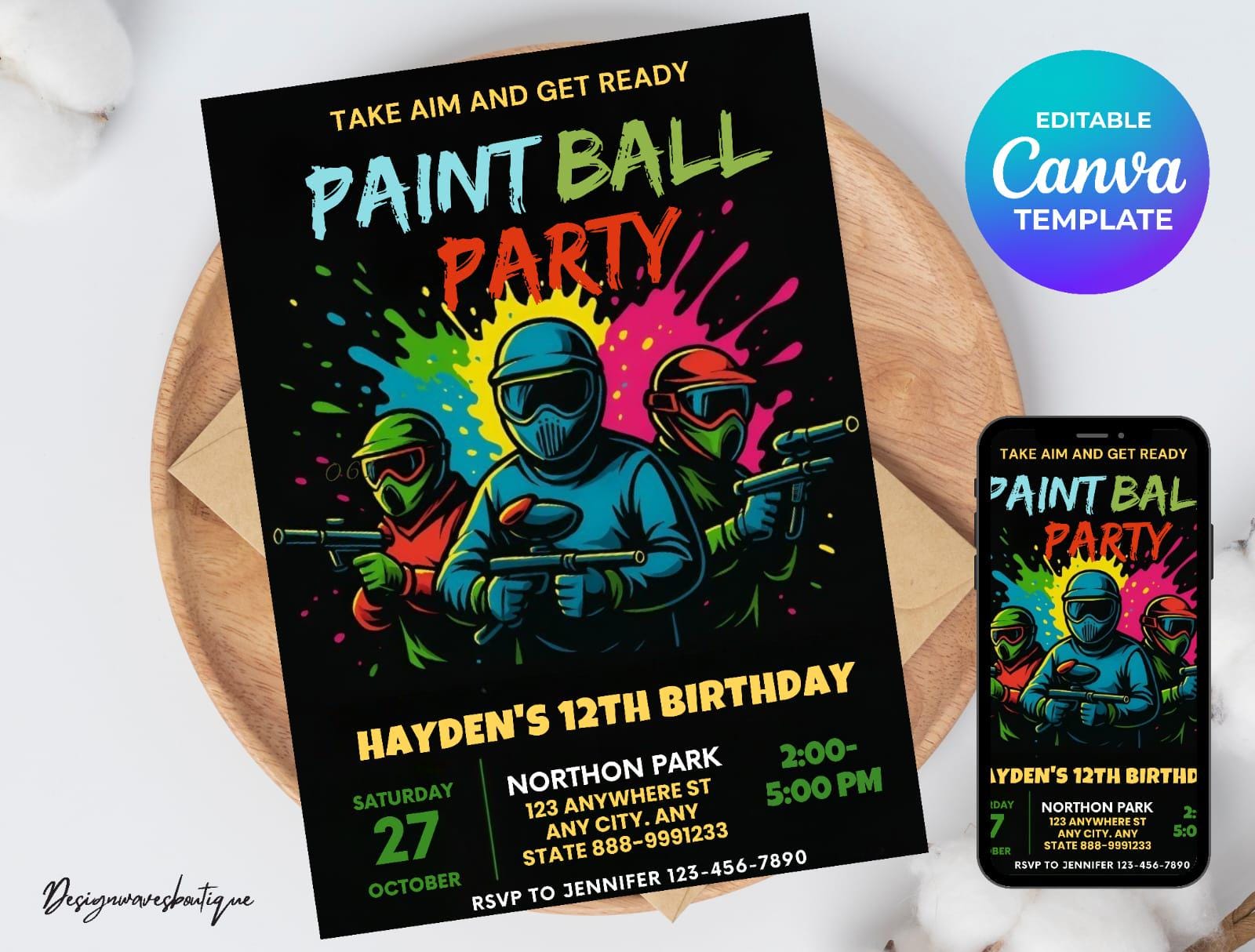 Editable Paintball Birthday Invitation, Paintball Invitation, Paintball ...