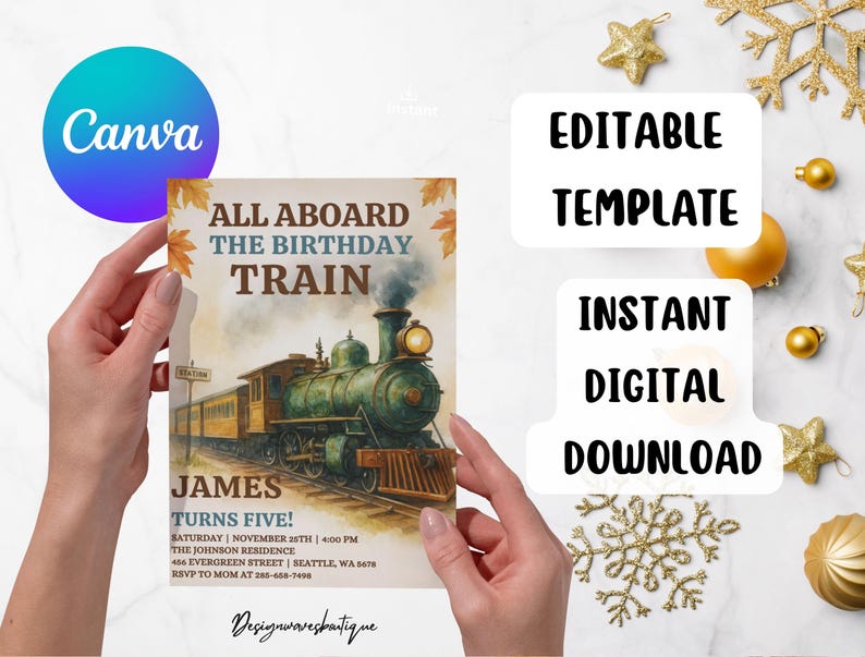 Vintage Train Birthday Invitation, Editable Canva Template (digital ...