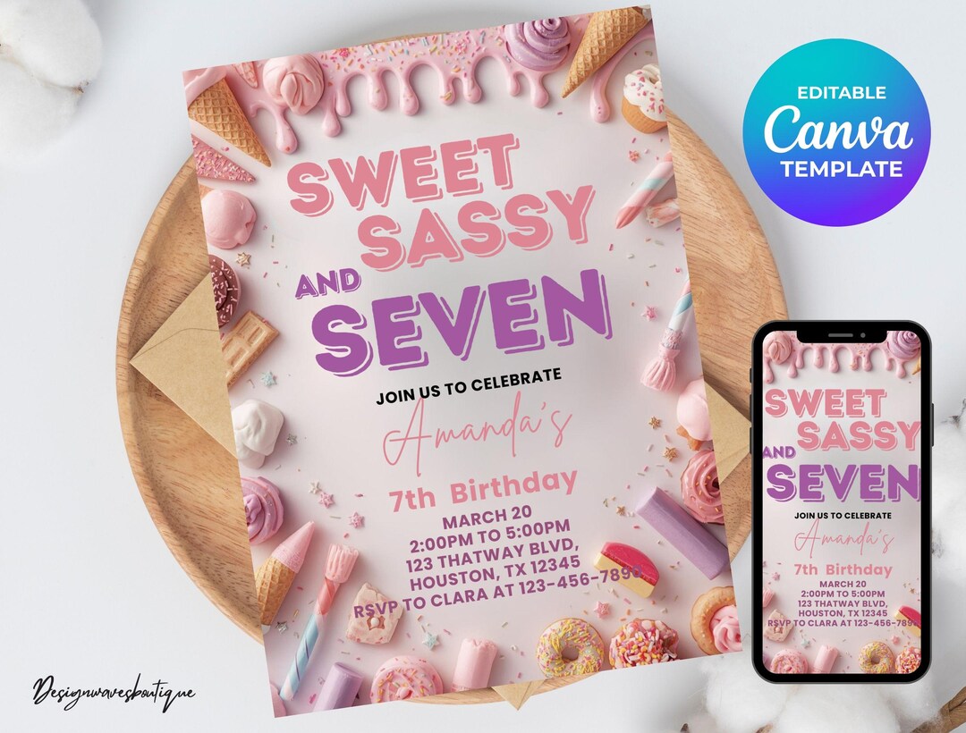 Sweet Sassy and Seven Birthday Invitation, 7th Birthday Girl Invite ...