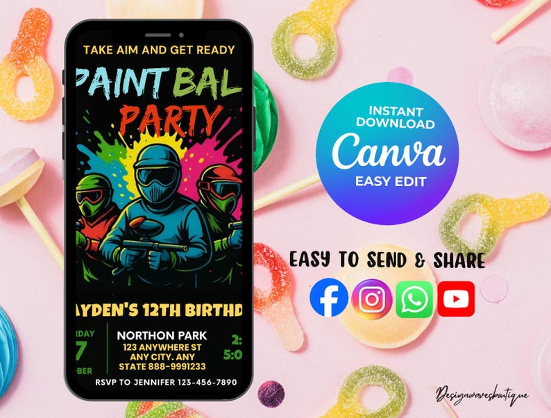 Editable Paintball Birthday Invitation, Paintball Invitation, Paintball ...