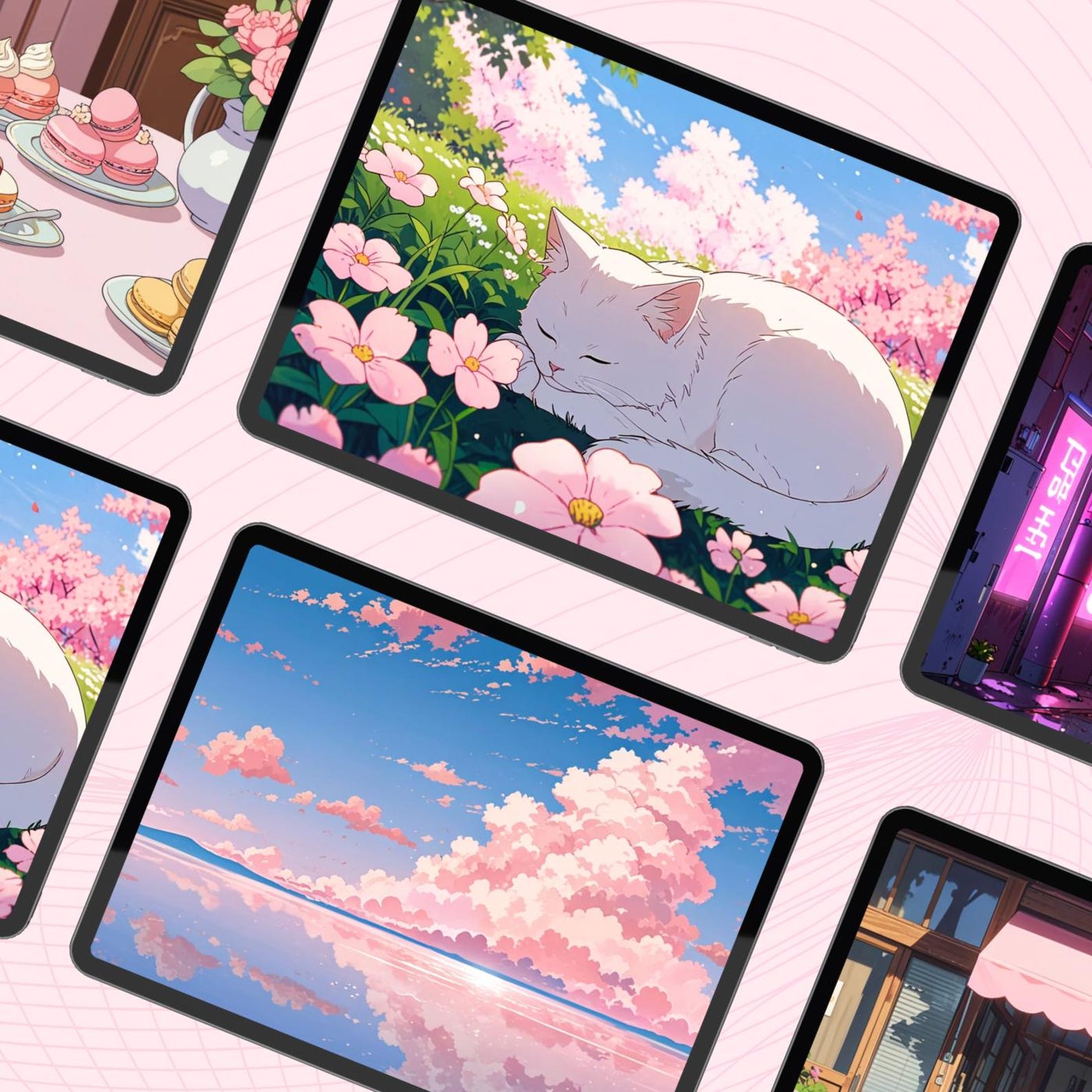Lofi Pink Wallpapers Pack, Cute Art Kawaii Scenery Cat Coffee ...