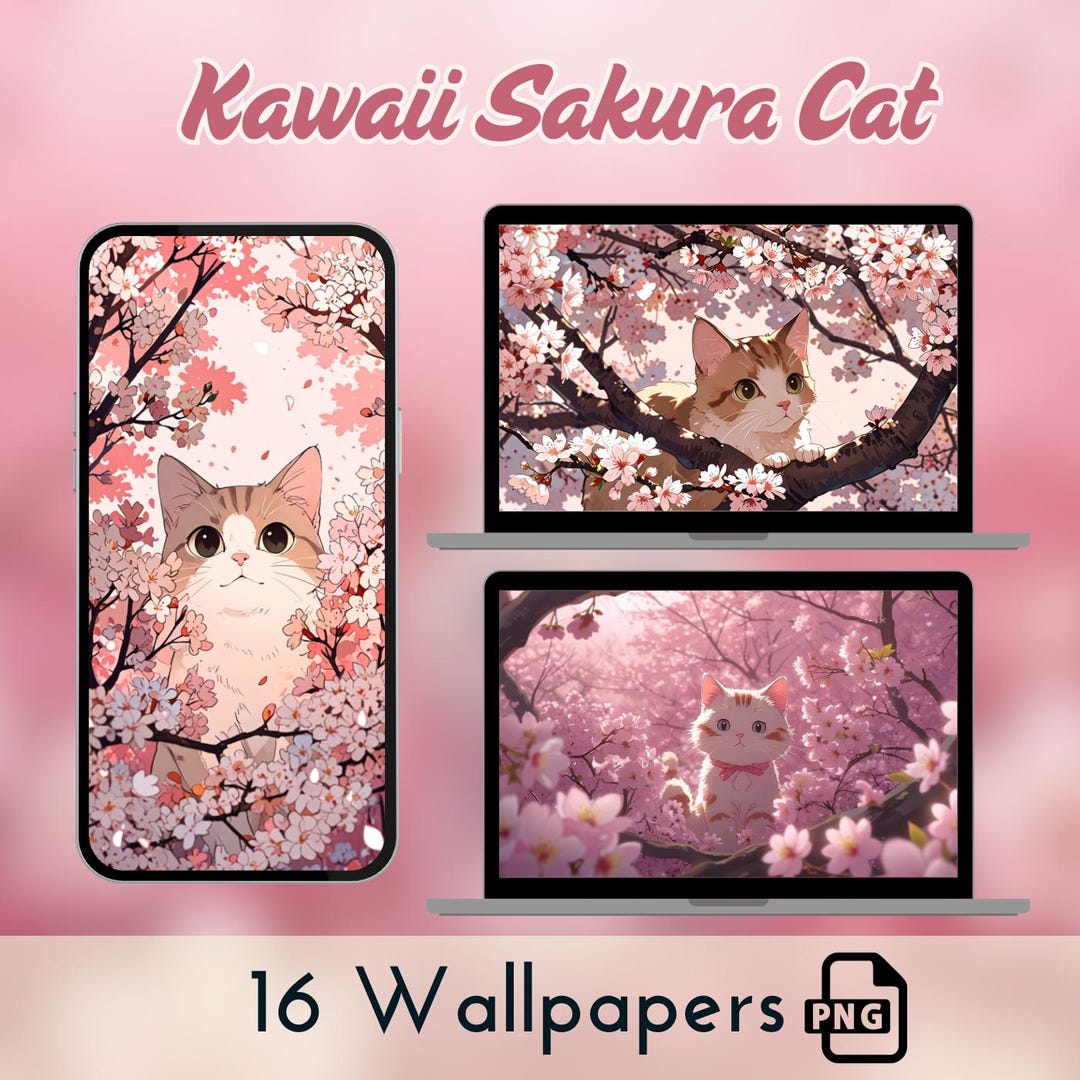 Sakura Cats Desktop Wallpaper, Kawaii Phone Background, Lofi Desktop ...