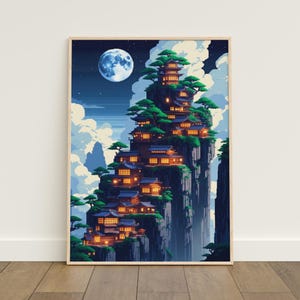 Japanese Village Pixel Art Print: Ghibli Cliffside Poster (digital ...