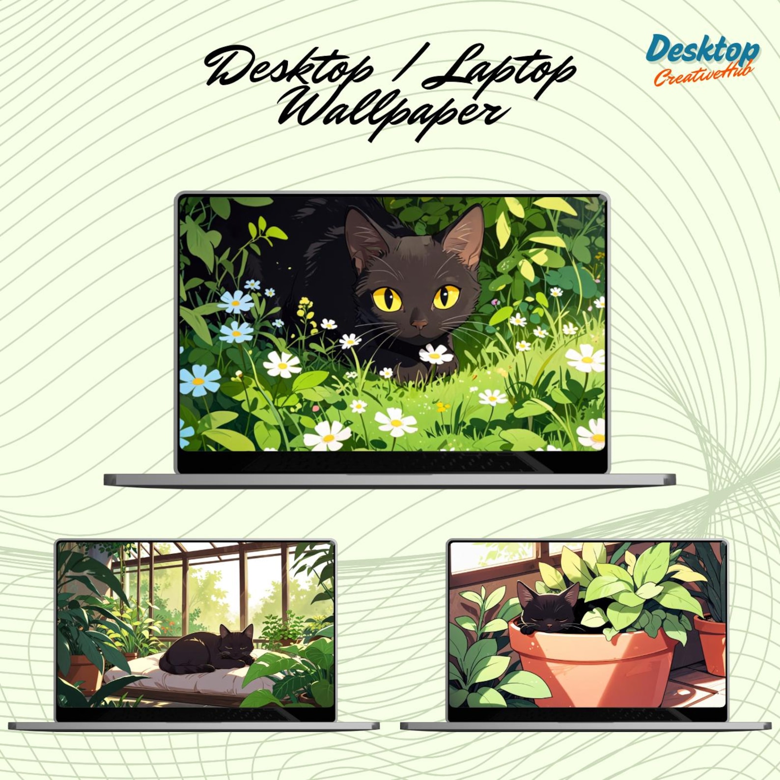 Black Cat Wallpaper, Plants Wallpaper, Green Cozy, Desktop Wallpaper ...